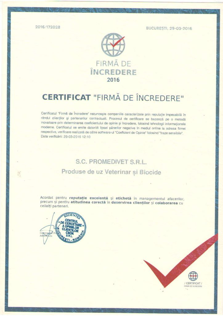 Certificates | Promedivet - veterinary products